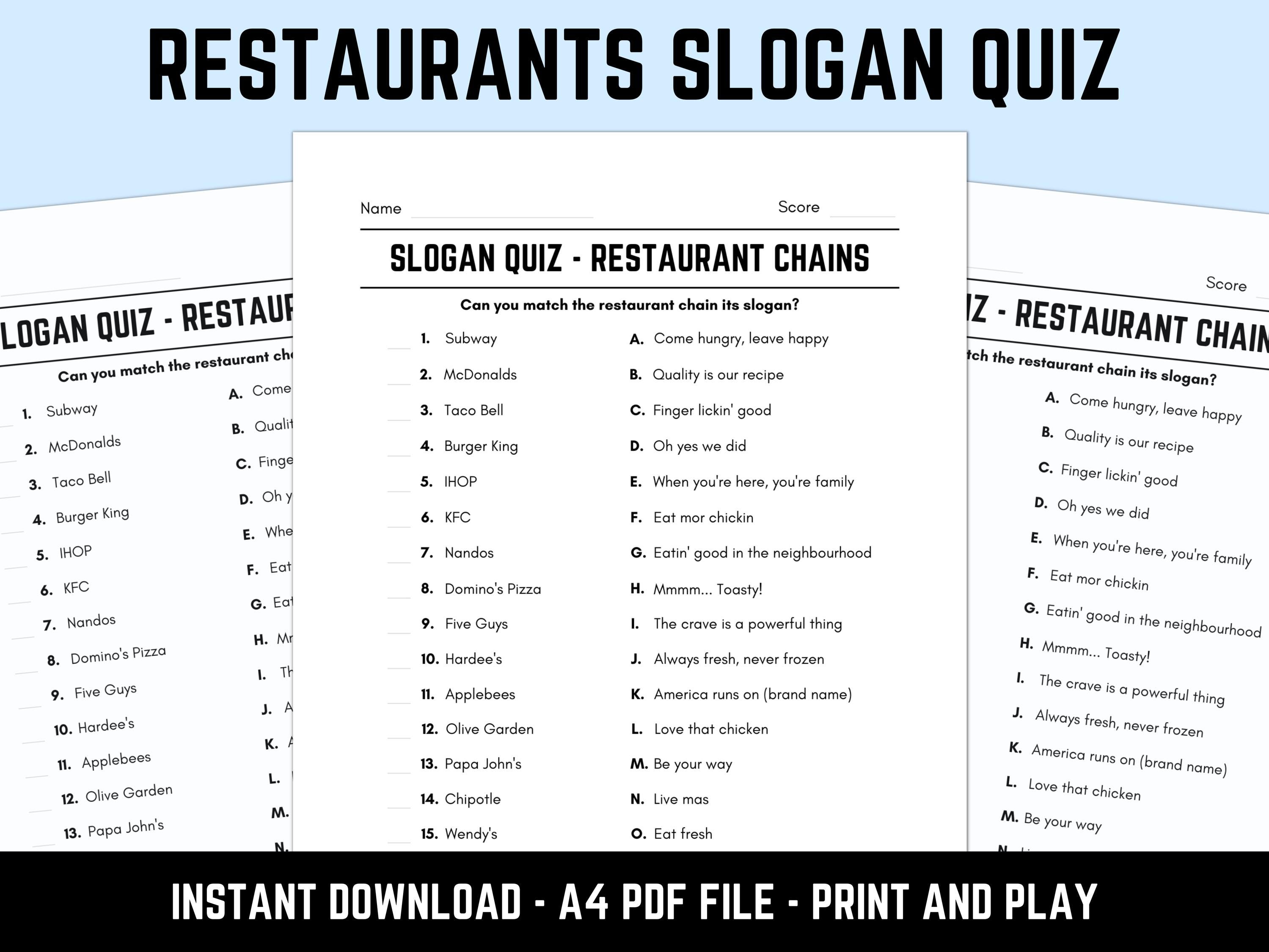 Printable Restaurant Chains Slogan Match up Quiz: Downloadable Pub Quiz ...