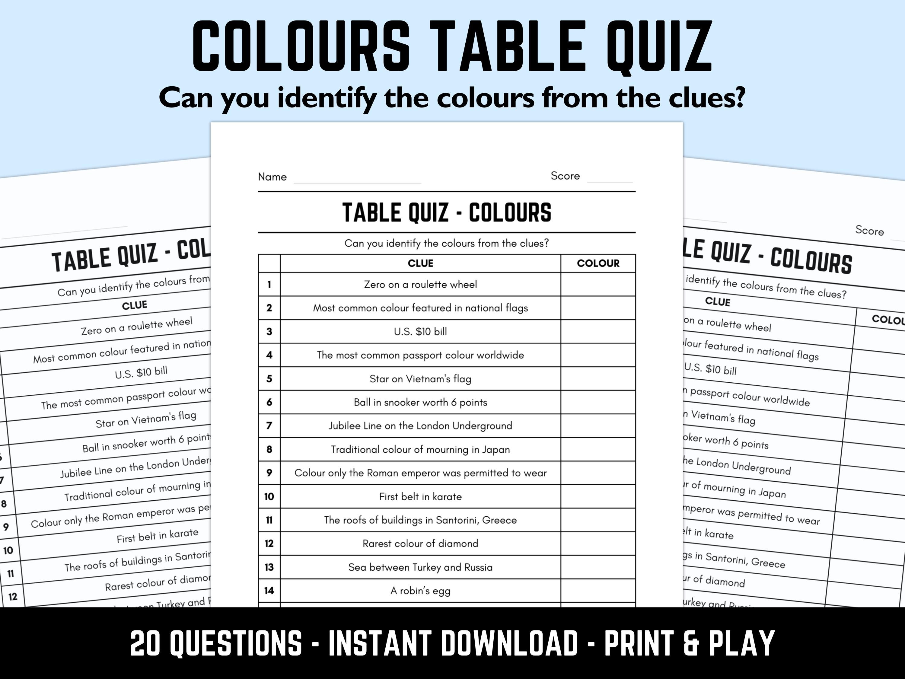 Printable Colours Table Quiz With Answers: Downloadable Pub Quiz Sheets ...