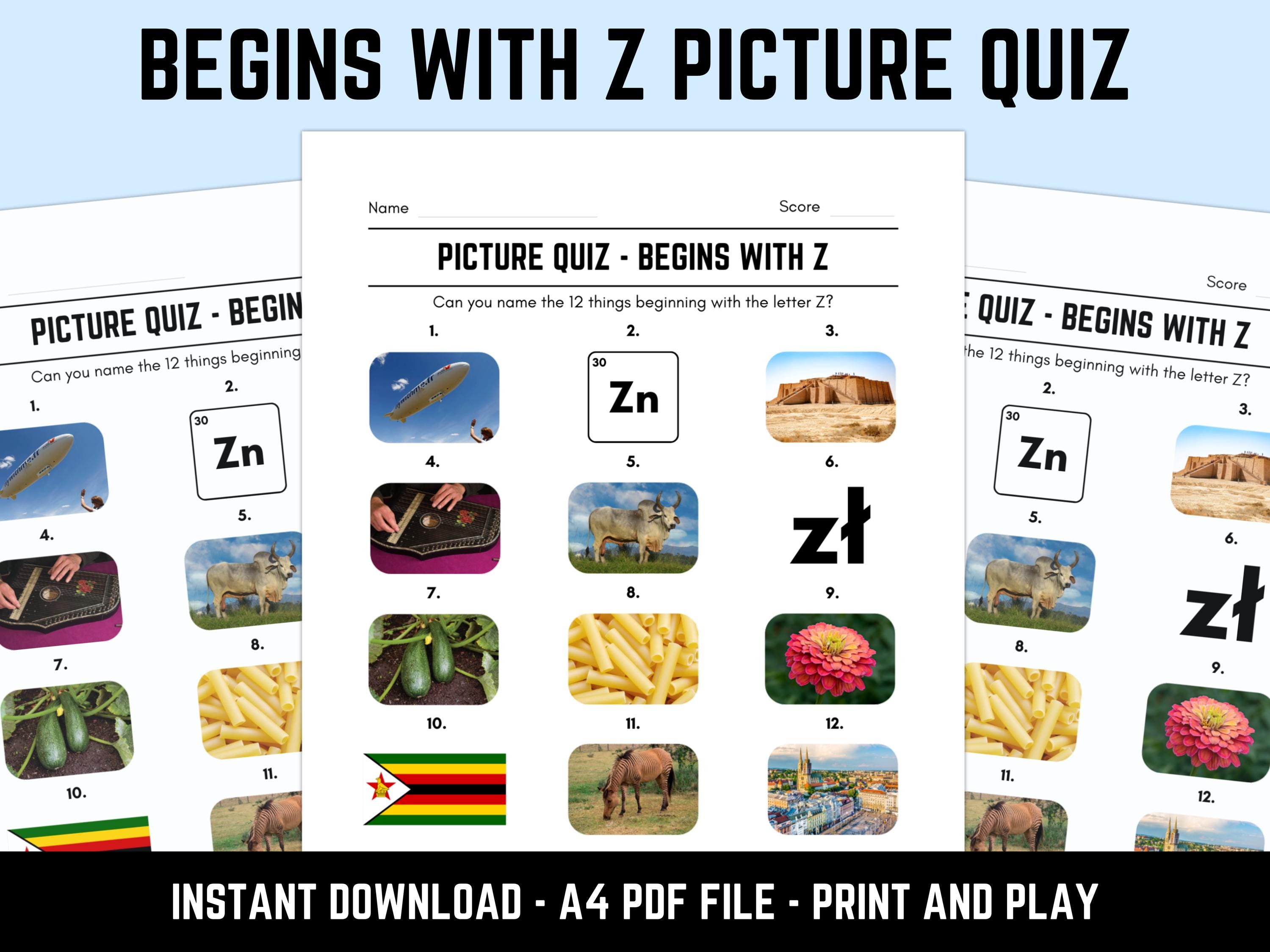 Printable Begins With Z Picture Quiz With Answers | Picture Round Quiz ...