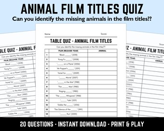 Printable Animal Film Titles Table Quiz With Answers | Downloadable Pub ...