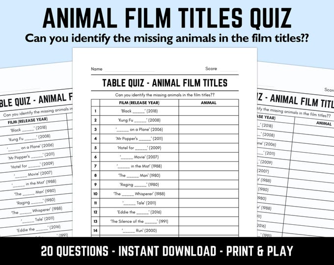 Printable Animal Film Titles Table Quiz With Answers | Downloadable Pub ...
