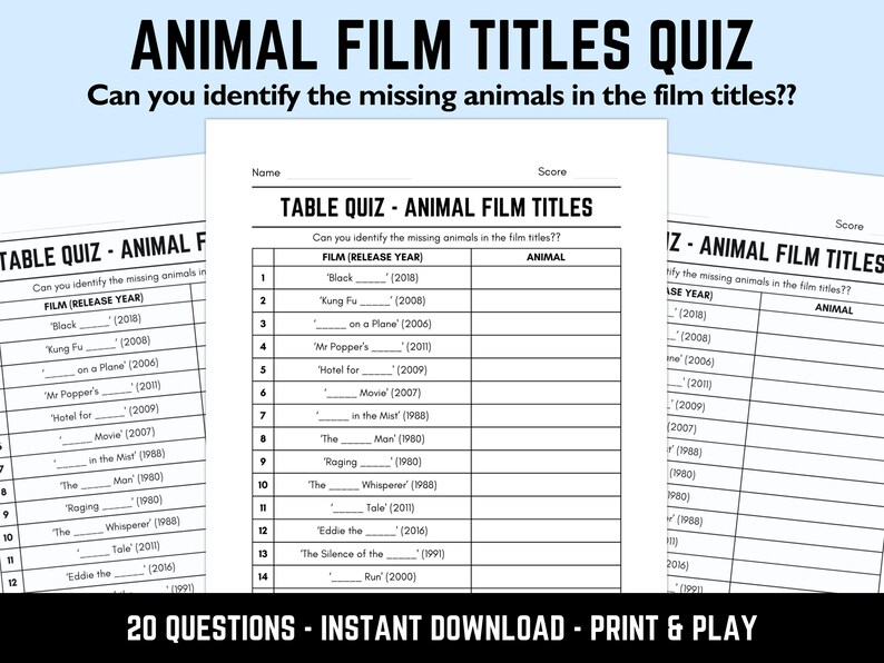 Printable Animal Film Titles Table Quiz With Answers | Downloadable Pub ...