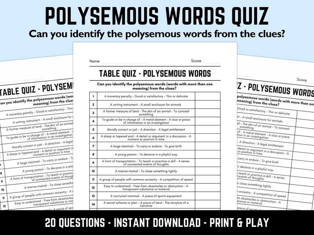 Printable Polysemous Words Table Quiz With Answers | Downloadable Pub ...
