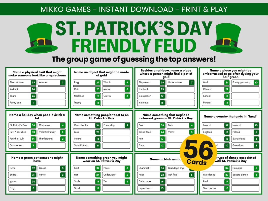 St. Patrick’s Day Friendly Feud – Printable Party Game | Downloadable ...