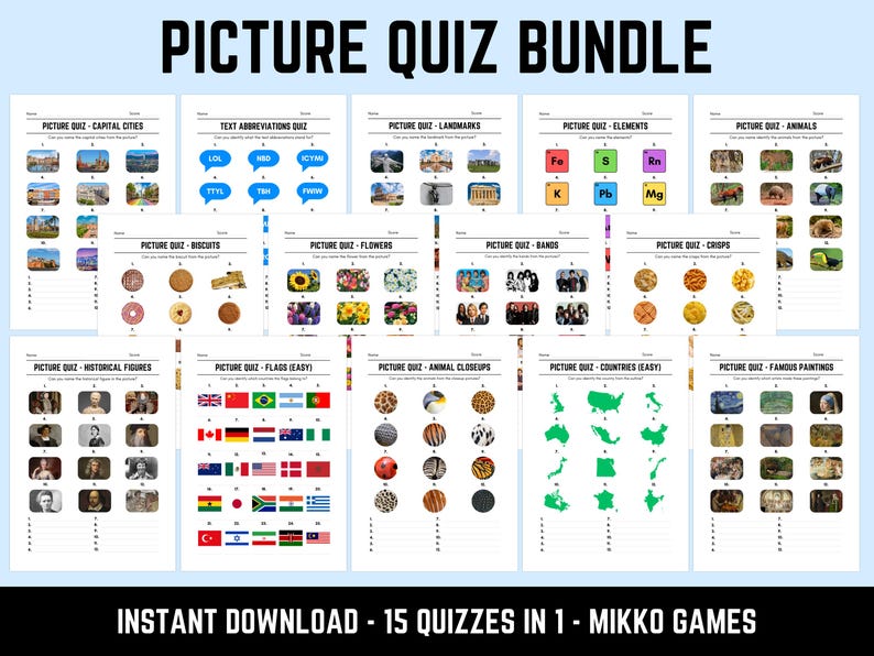 Picture Quiz Bundle: 15 Printable Quizzes in 1, Picture Round Quiz ...