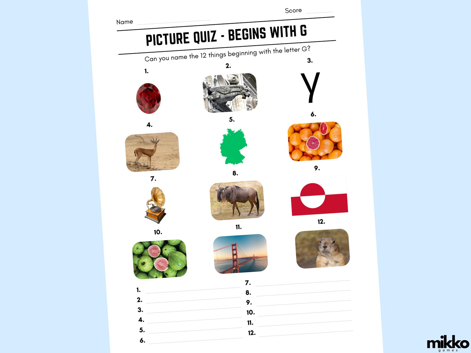 Printable Begins With G Picture Quiz With Answers | Picture Round Quiz ...