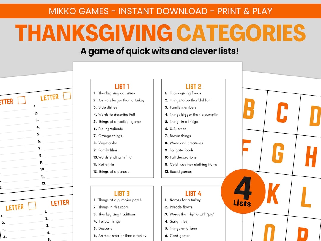Thanksgiving Categories: Printable Large Group Party Game for Kids ...