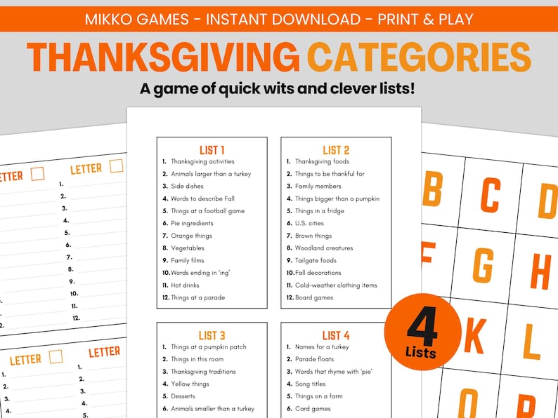 Thanksgiving Categories: Printable Large Group Party Game for Kids ...