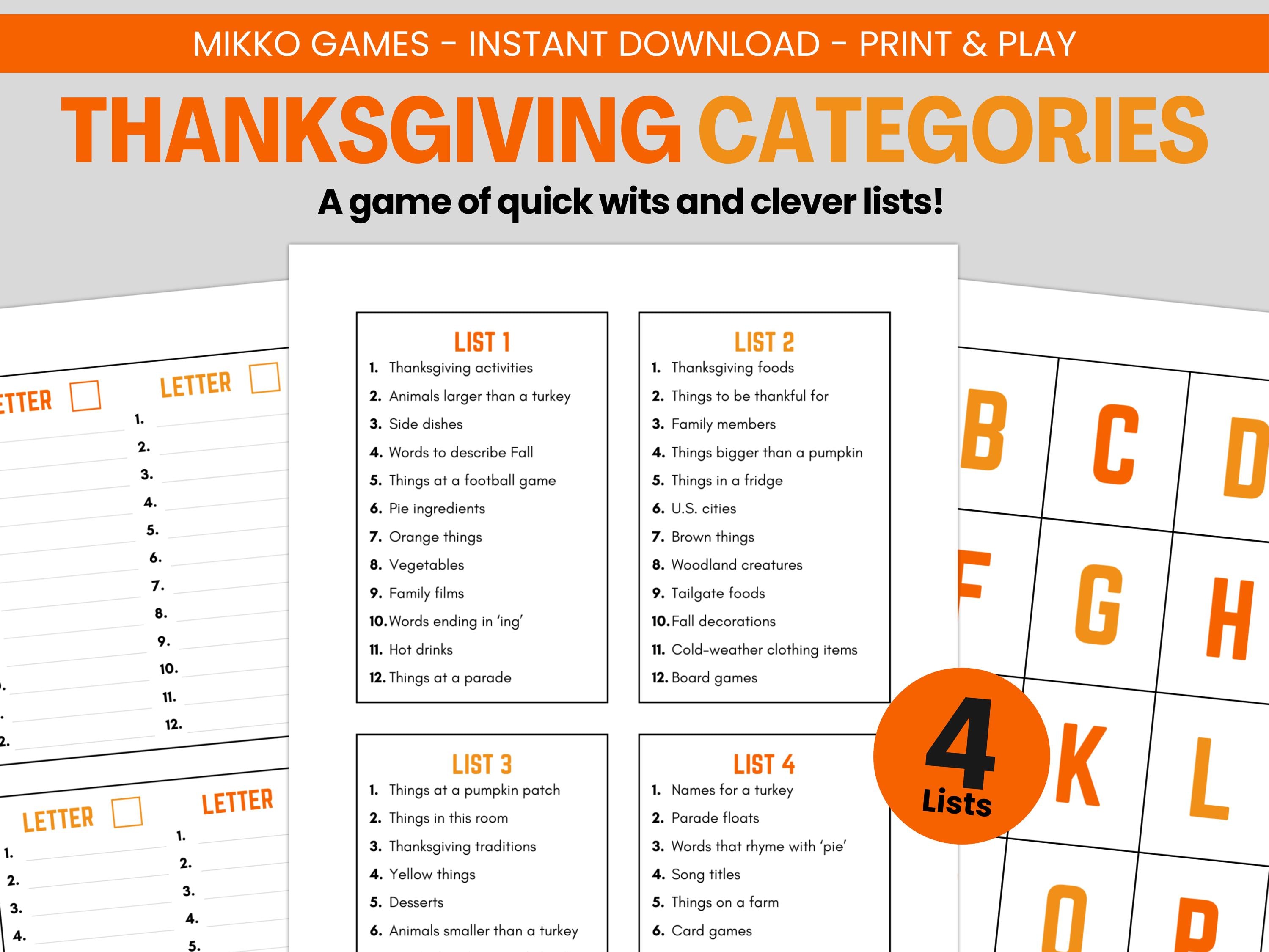 Thanksgiving Categories: Printable Large Group Party Game for Kids ...