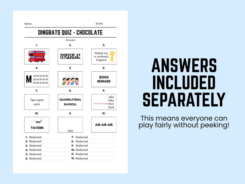 Printable Chocolate Dingbats Picture Quiz With Answers: Downloadable ...
