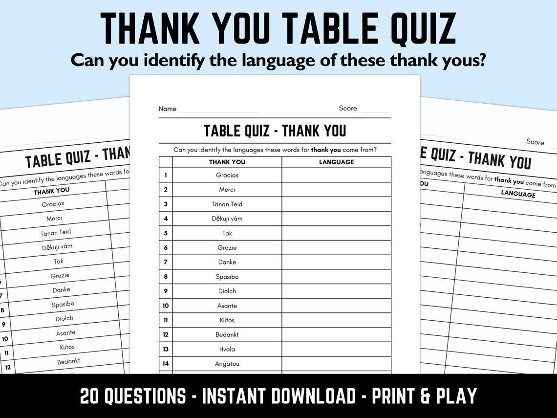 Printable Thank You Table Quiz With Answers Downloadable Pub Quiz ...