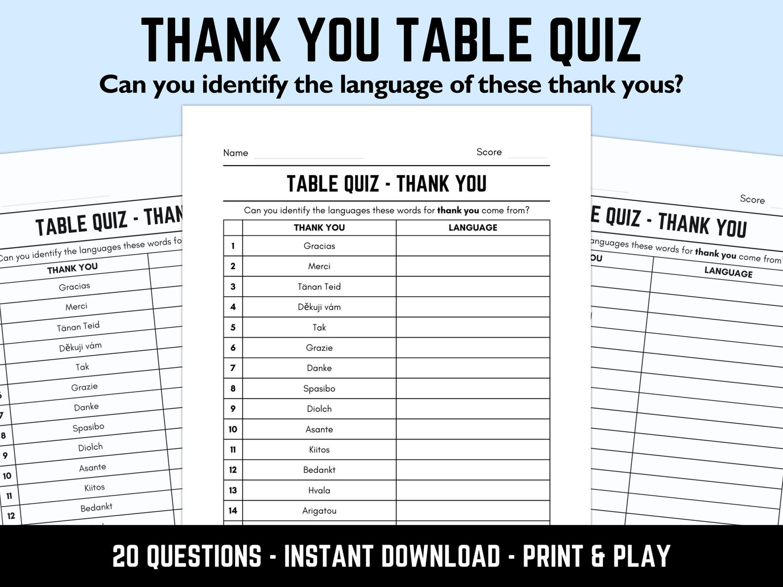Printable Thank You Table Quiz With Answers Downloadable Pub Quiz ...