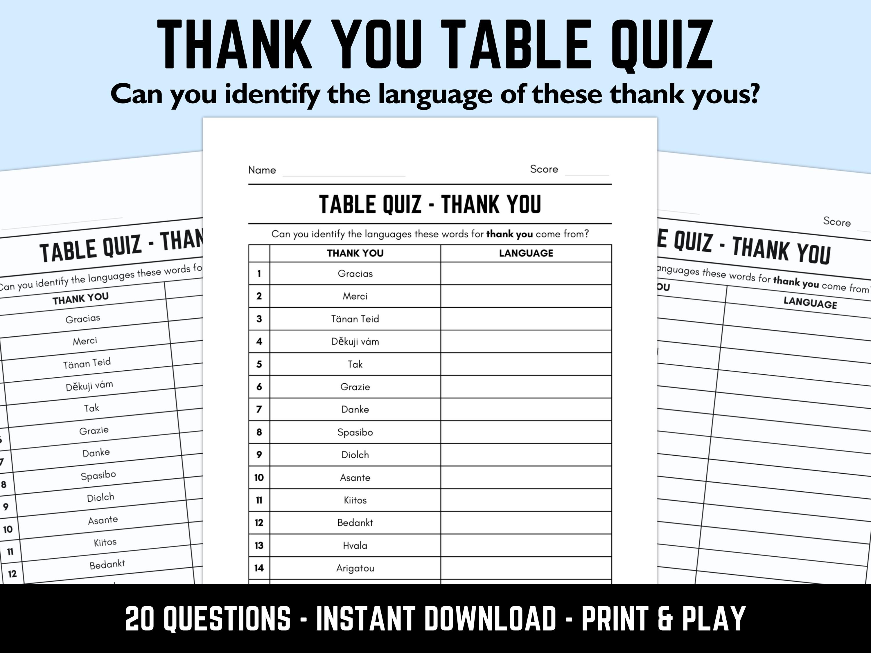 Printable Thank You Table Quiz With Answers Downloadable Pub Quiz ...