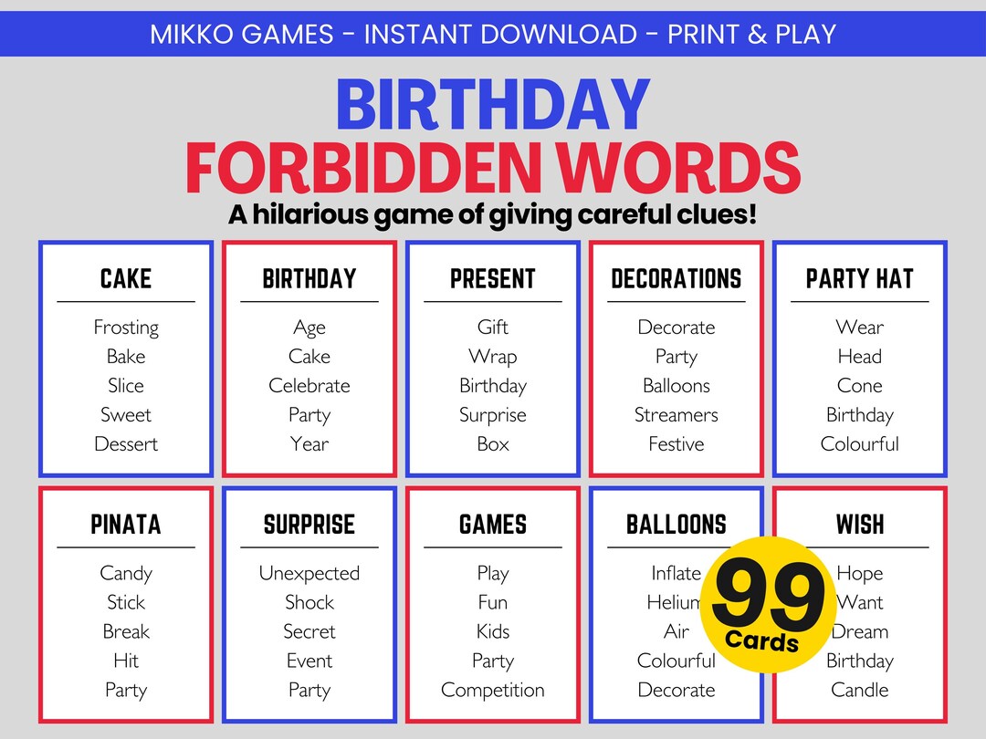 Birthday Forbidden Words: Printable Taboo Party Game for Kids & Adults ...