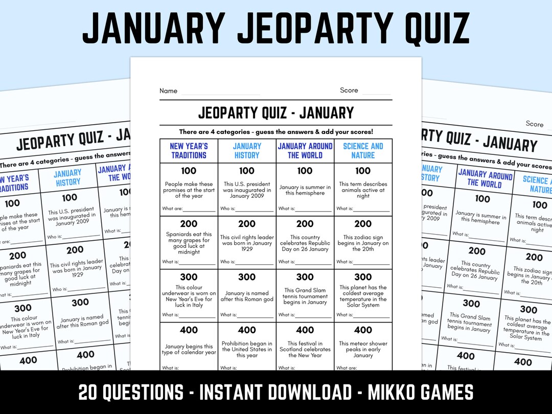 Printable January Jeoparty Quiz: Jeopardy Questions and Answers, Large ...