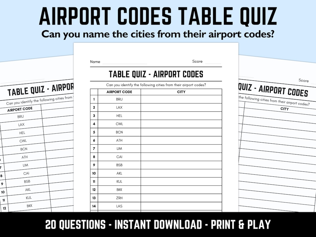 Printable Airport Codes Table Quiz: Downloadable Pub Quiz Trivia Sheets With Answers - Etsy