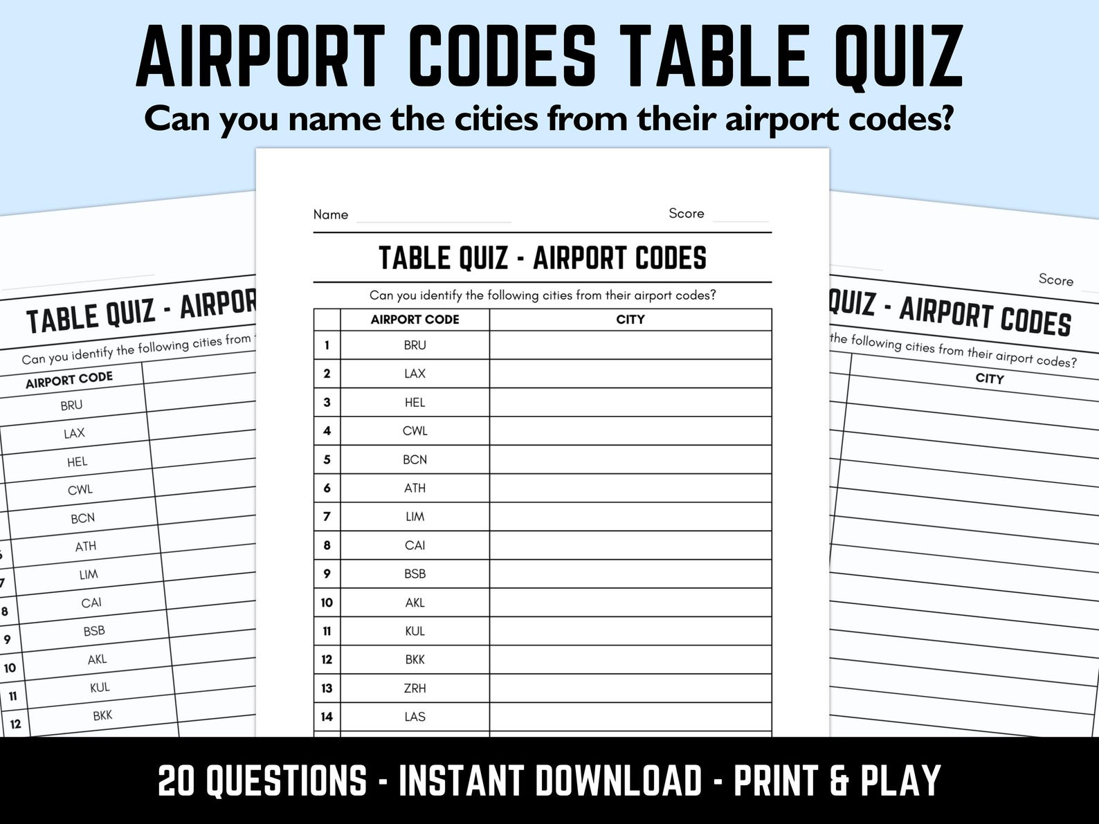 Printable Airport Codes Table Quiz With Answers: Downloadable Pub Quiz ...