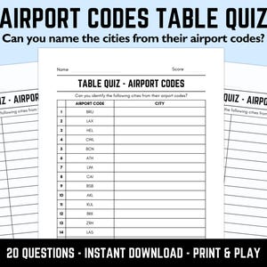 Printable Airport Codes Table Quiz With Answers | Downloadable Pub Quiz ...