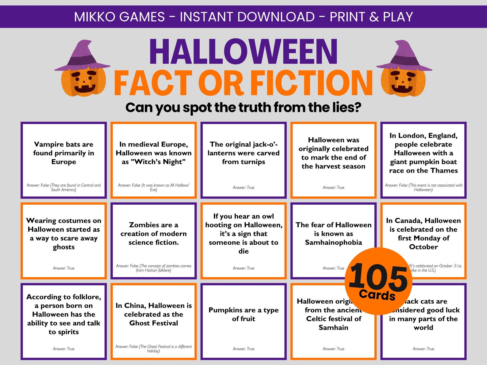 Halloween Fact or Fiction Printable Party Game Downloadable Halloween ...