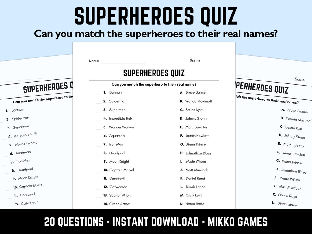Printable Superheroes Match up Quiz: Downloadable Table Quiz, Pub Quiz ...