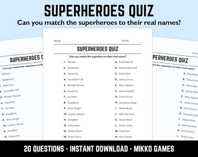 Printable Superheroes Match up Quiz: Downloadable Table Quiz, Pub Quiz ...