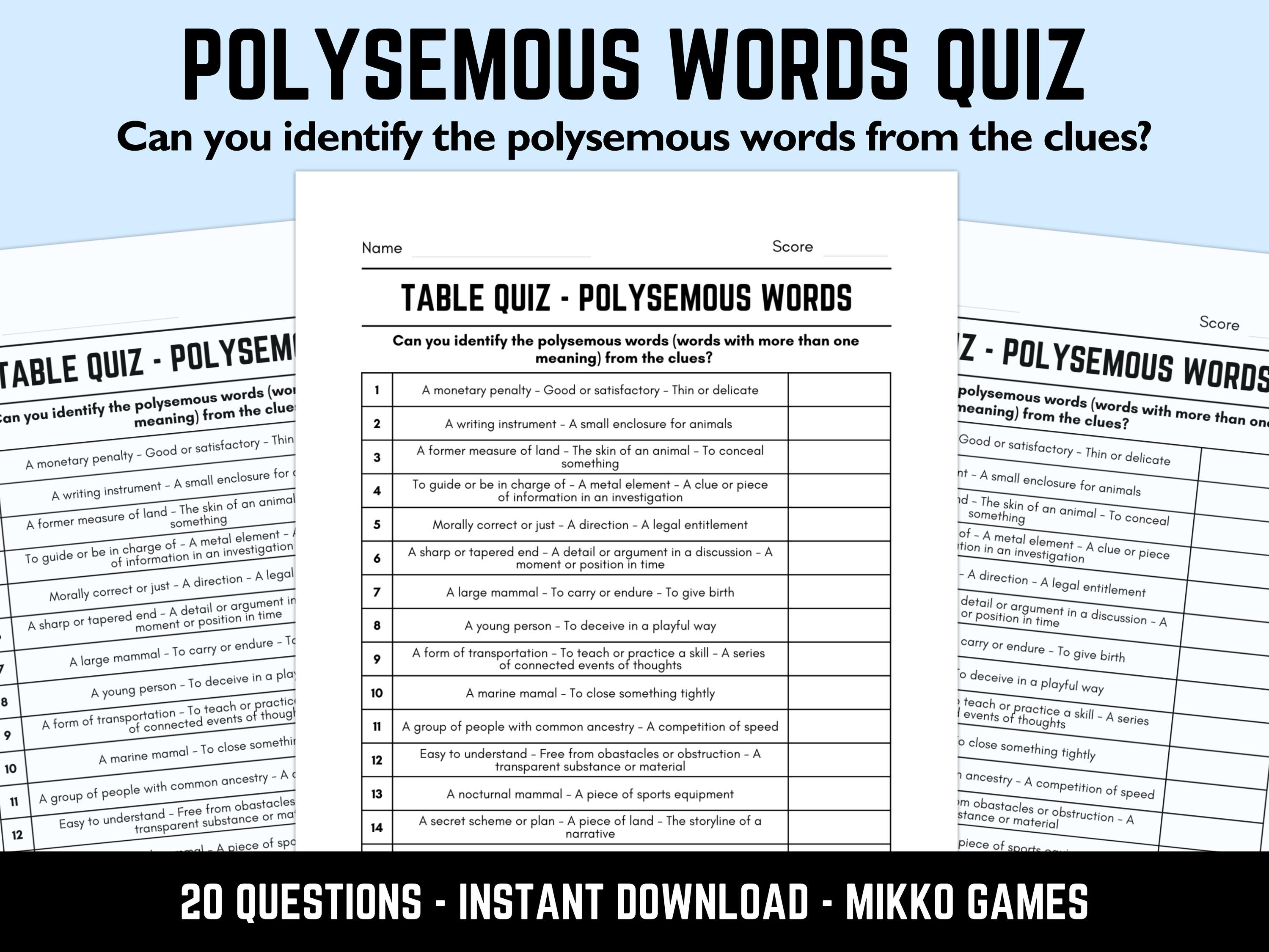 Printable Polysemous Words Table Quiz With Answers: Downloadable Pub ...