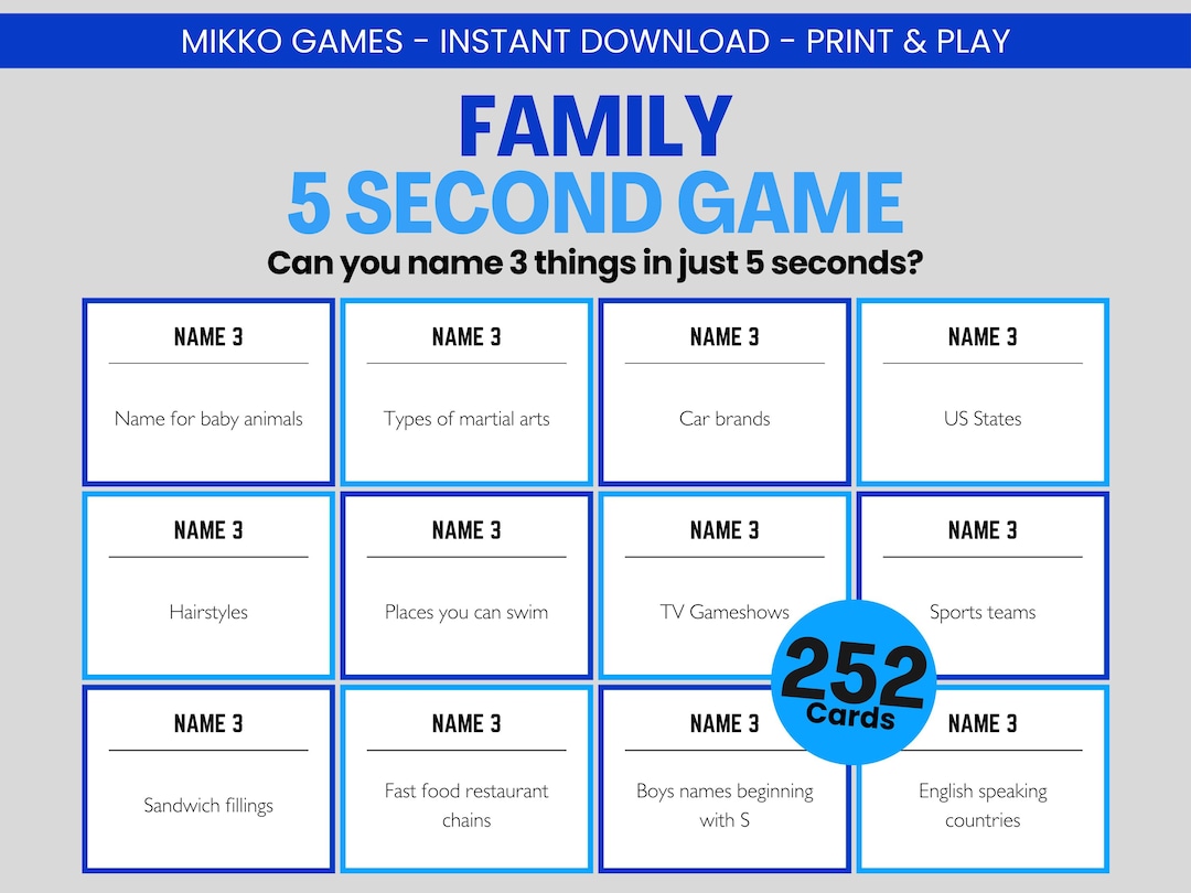 Family 5 Second Game: Printable Large Group Party Game for Kids ...