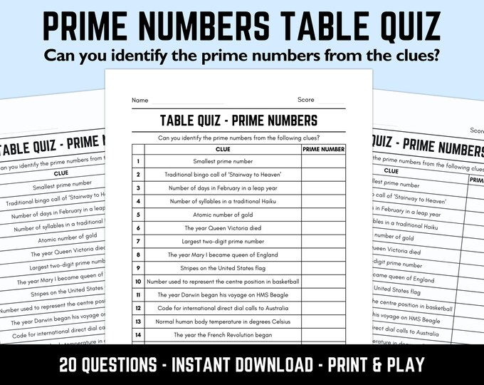 Printable Prime Numbers Table Quiz With Answers: Downloadable Pub Quiz ...