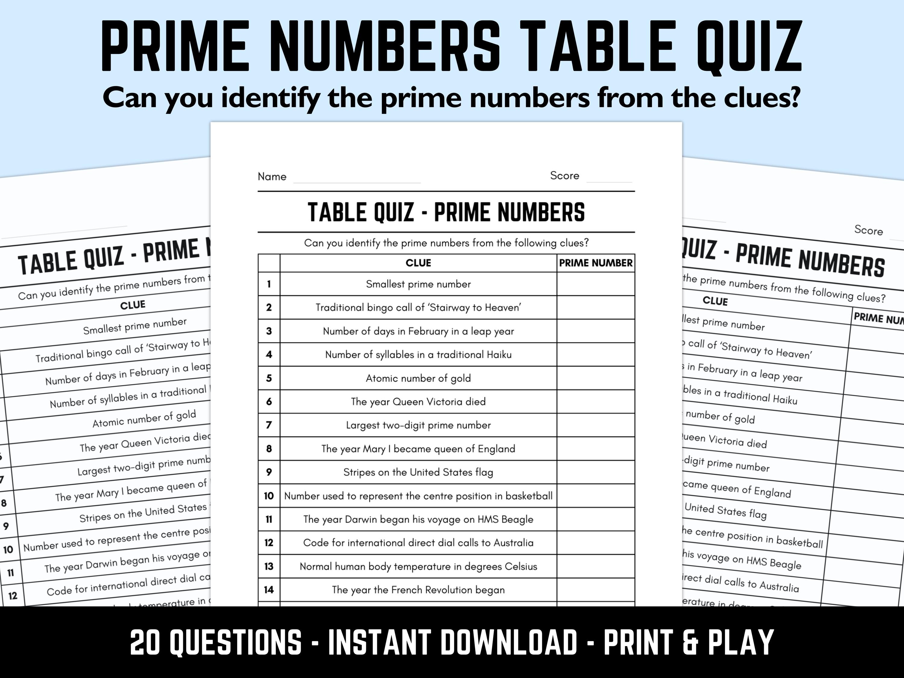 Printable Prime Numbers Table Quiz With Answers: Downloadable Pub Quiz ...