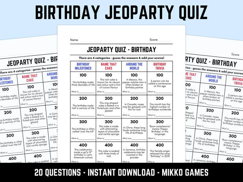 Printable Birthday Jeoparty Quiz With Answers: Jeopardy Questions and ...