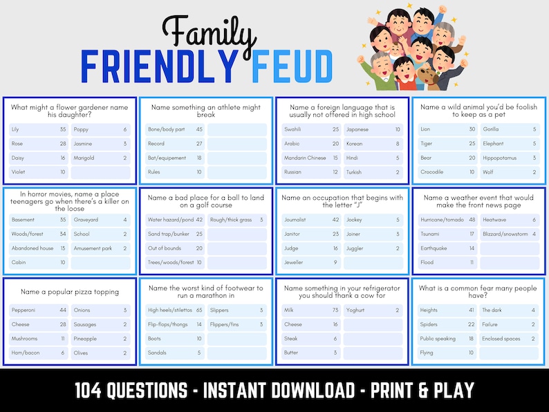 Family Friendly Feud Printable Party Game, Family Game Night ...