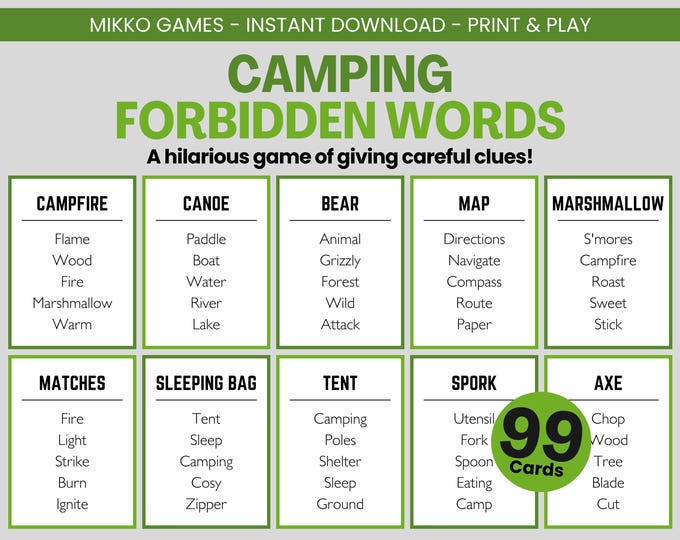 Camping Forbidden Words – Printable Outdoor Party Game | Great for ...