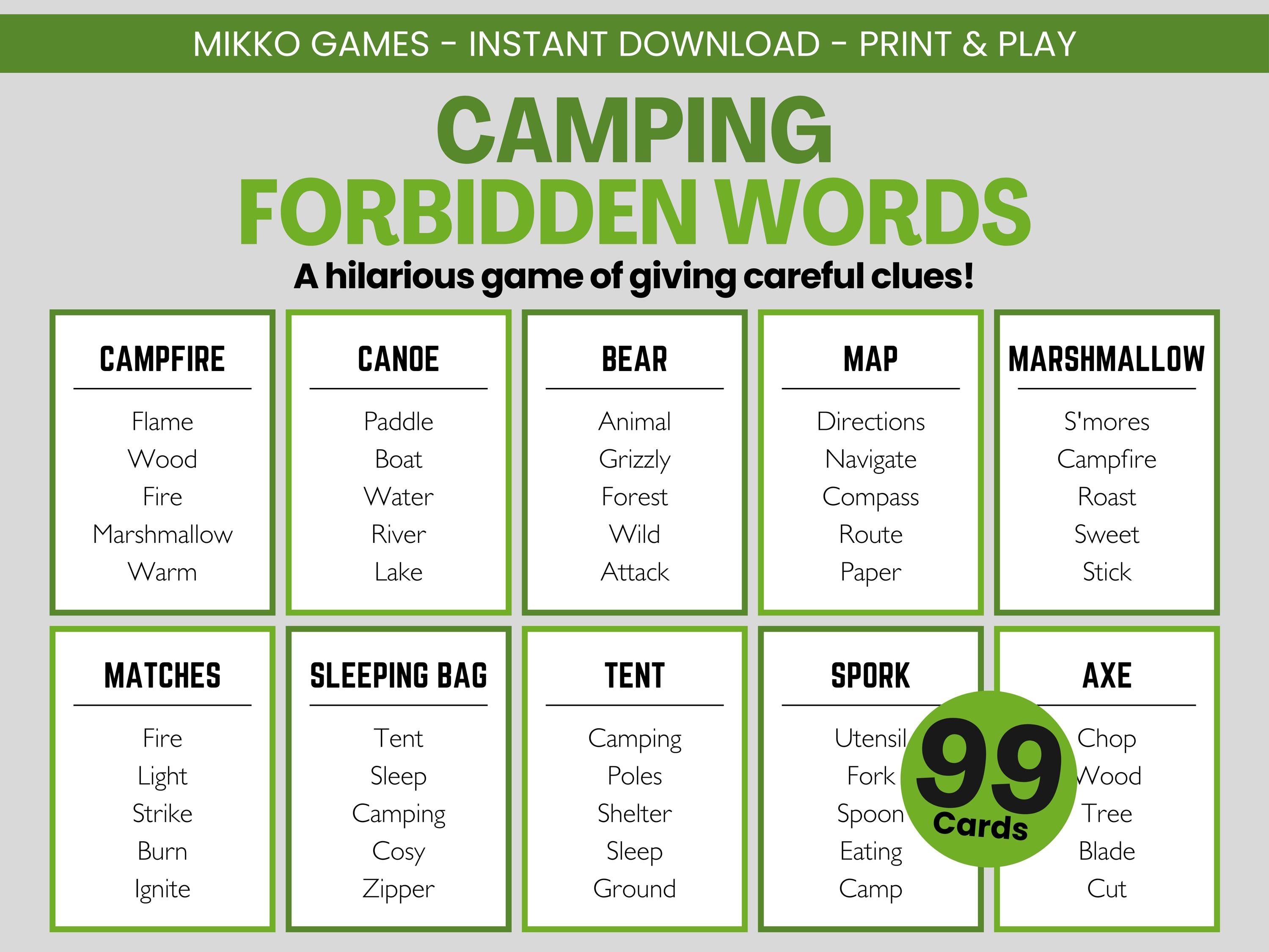 Camping Forbidden Words – Printable Outdoor Party Game | Great for ...