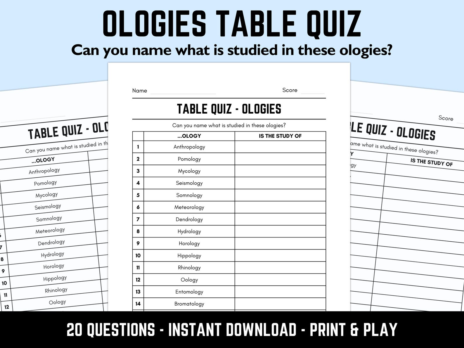 Printable Ologies Table Quiz With Answers | Downloadable Pub Quiz ...