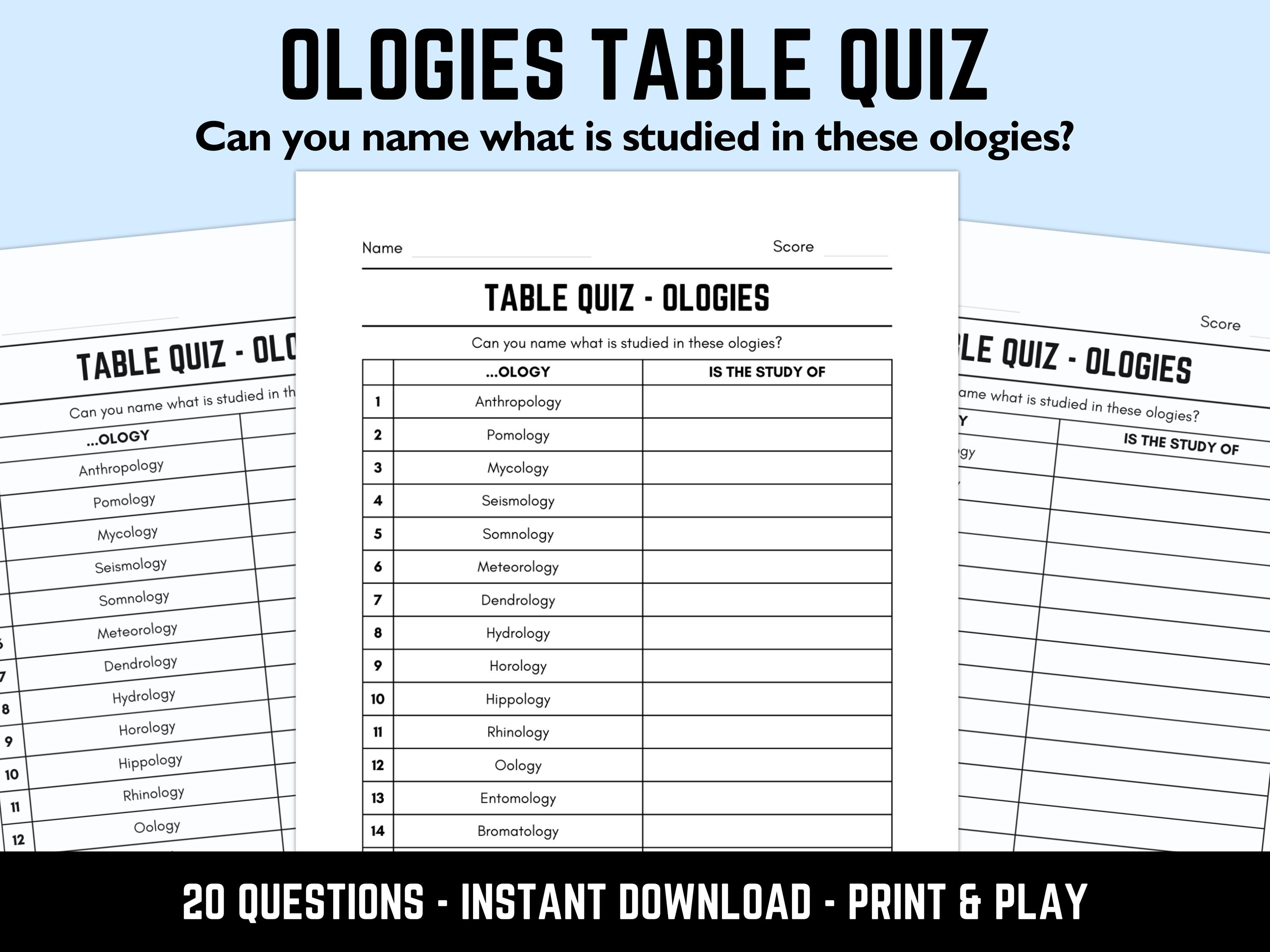 Printable Ologies Table Quiz With Answers Downloadable Pub Quiz Sheets ...