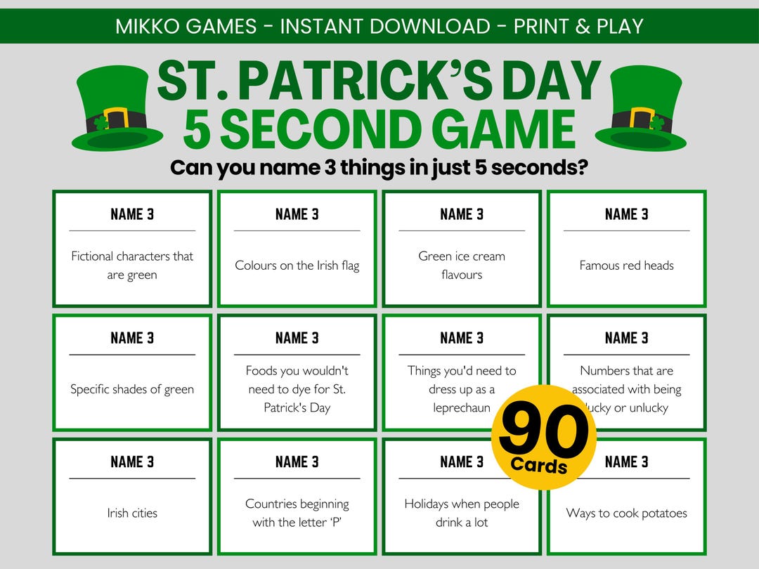 St. Patrick’s Day 5 Second Game: Printable Large Group Party Game for ...