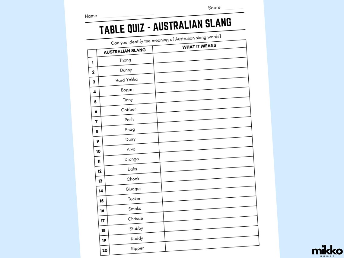 Printable Australian Slang Table Quiz With Answers | Downloadable Pub ...
