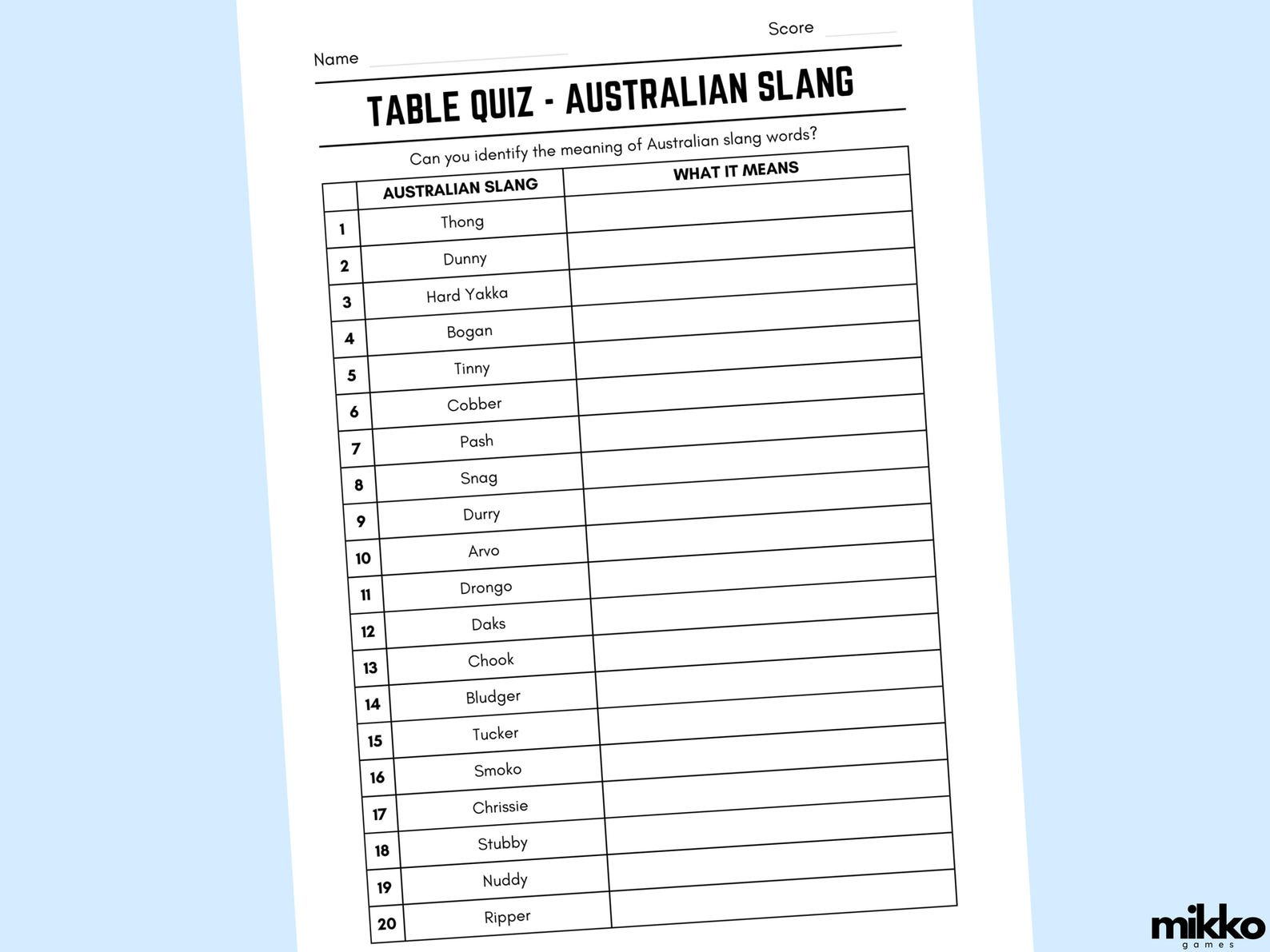Printable Australian Slang Table Quiz With Answers | Downloadable Pub ...