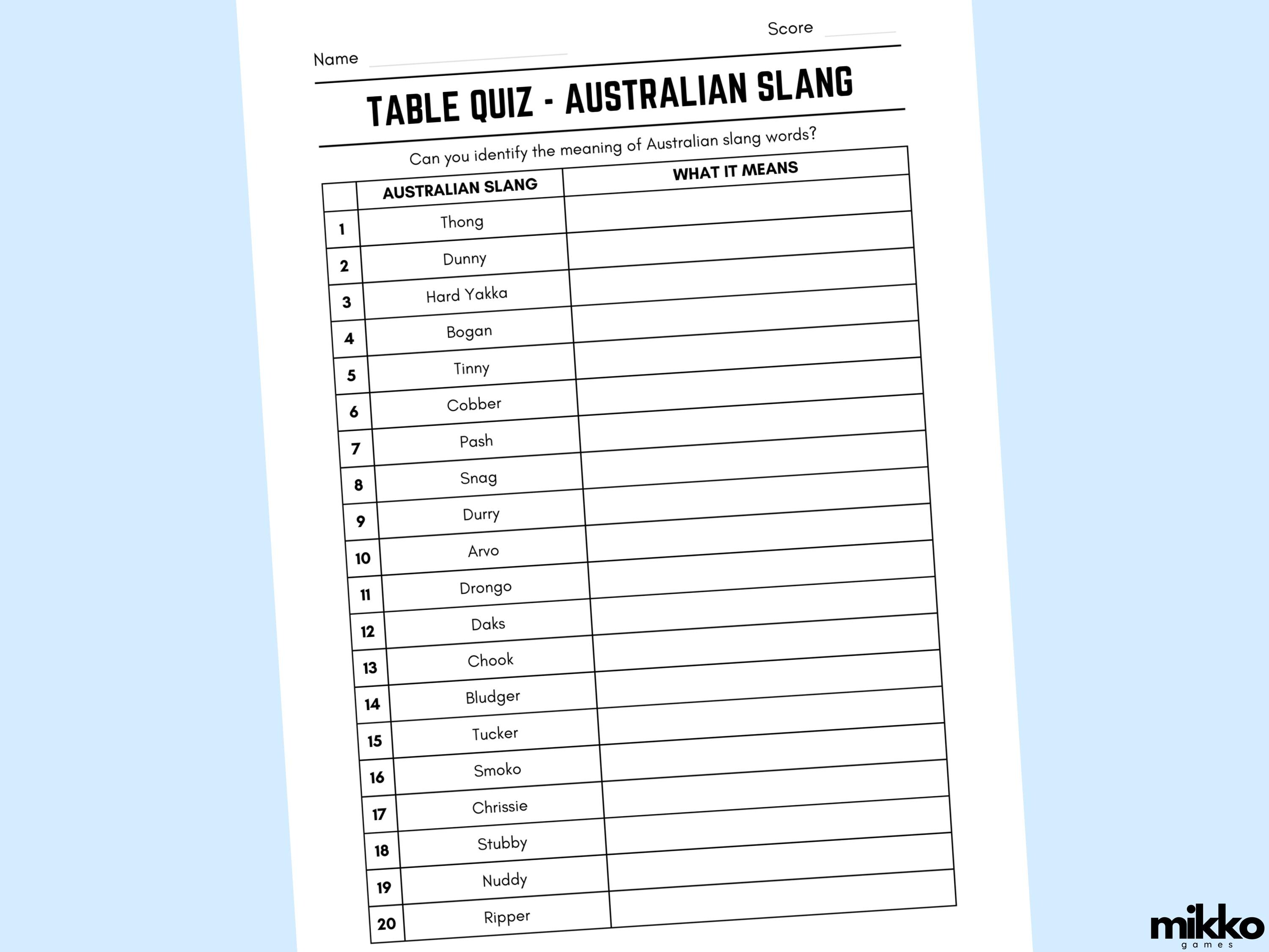 Printable Australian Slang Table Quiz With Answers | Downloadable Pub ...