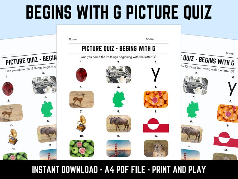 Printable Begins With G Picture Quiz With Answers | Picture Round Quiz ...