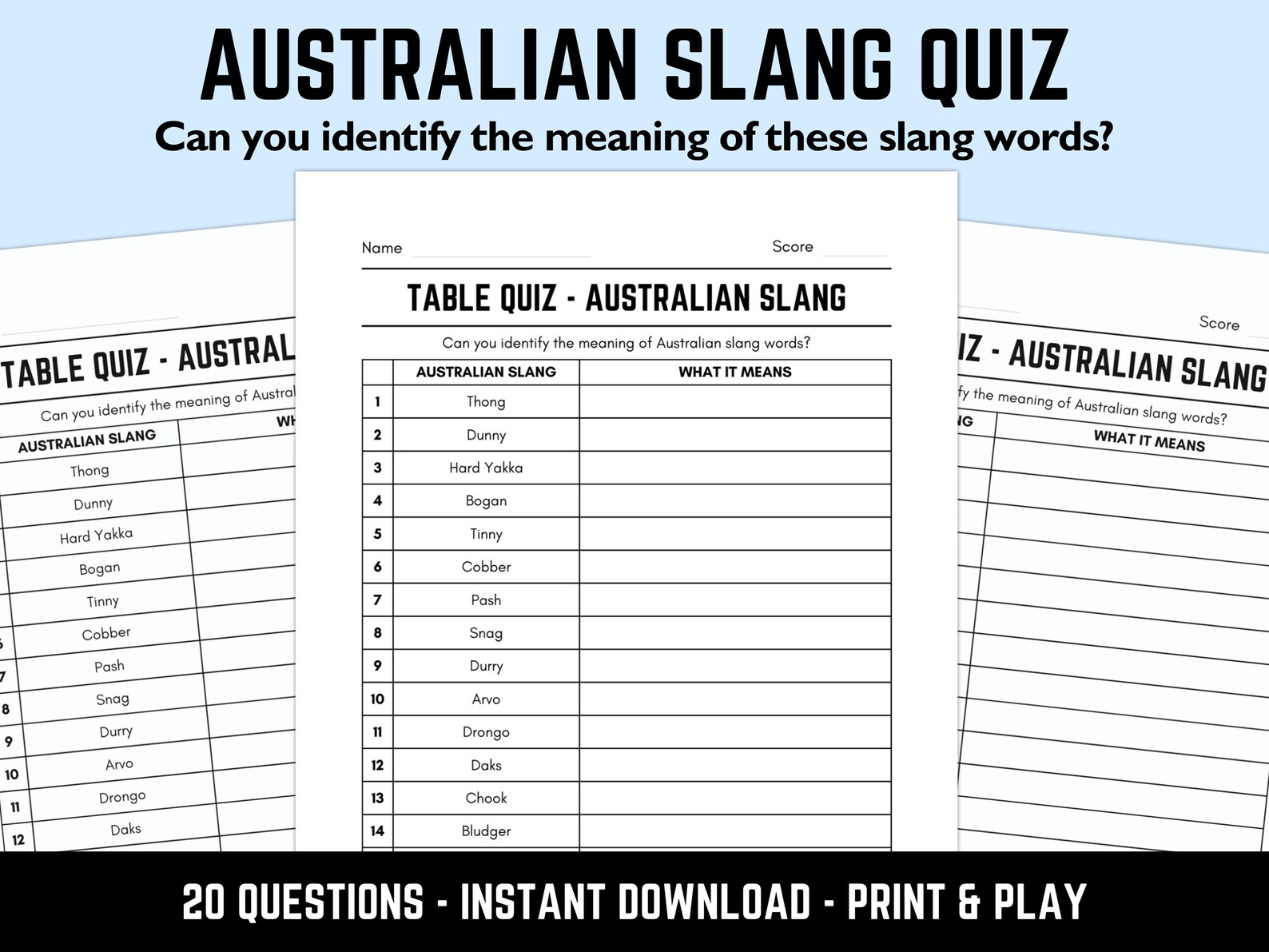 Printable Australian Slang Table Quiz With Answers | Downloadable Pub ...