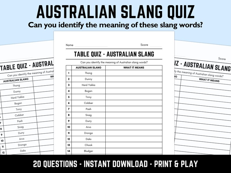 Printable Australian Slang Table Quiz With Answers | Downloadable Pub ...