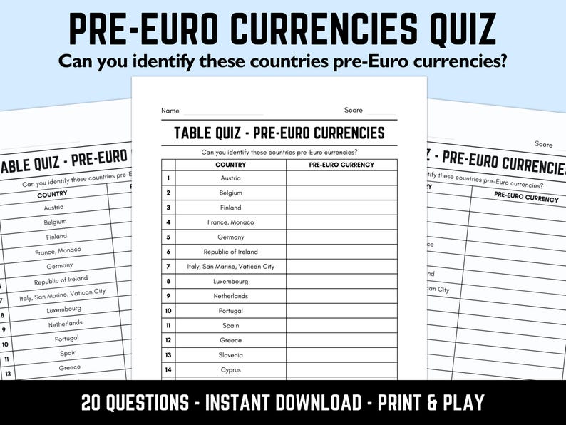 Printable Pre-euro Currencies Table Quiz With Answers | Downloadable ...