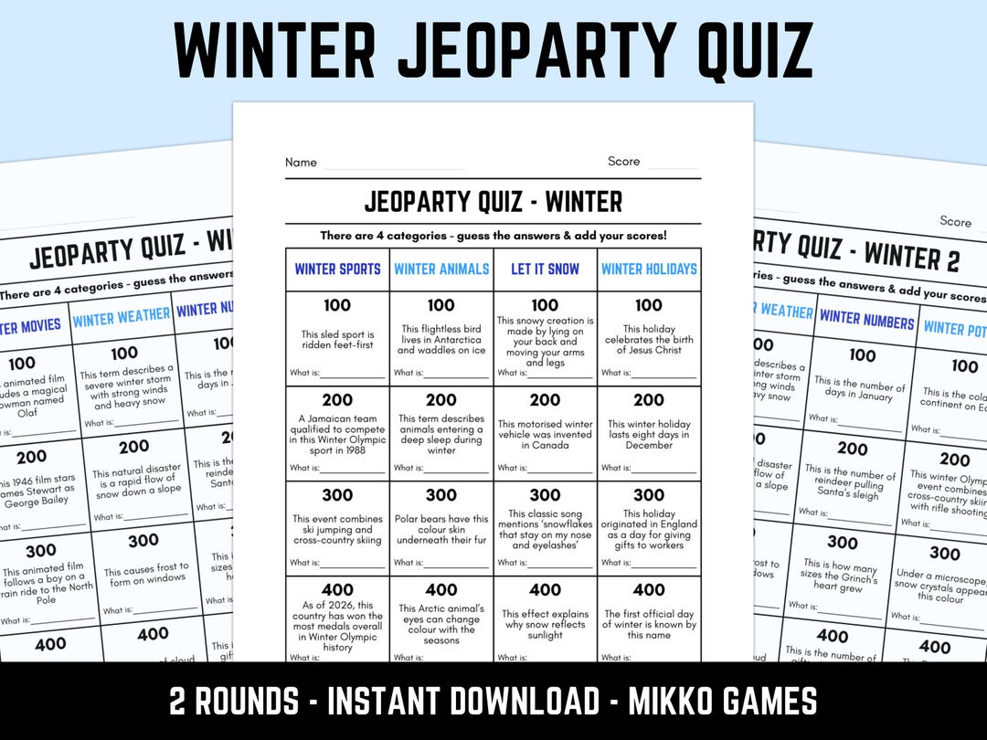 Printable Winter Jeoparty Quiz: Jeopardy Questions and Answers, Large ...