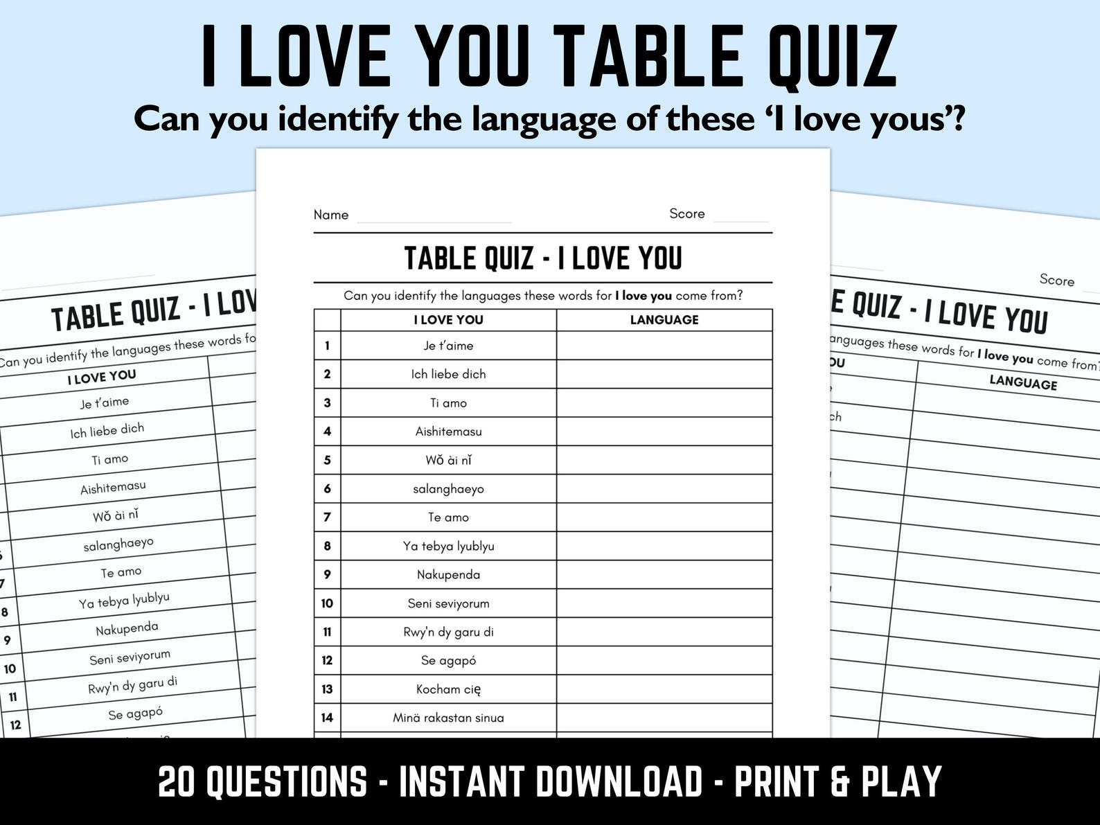 Printable I Love You Table Quiz With Answers | Downloadable Pub Quiz ...