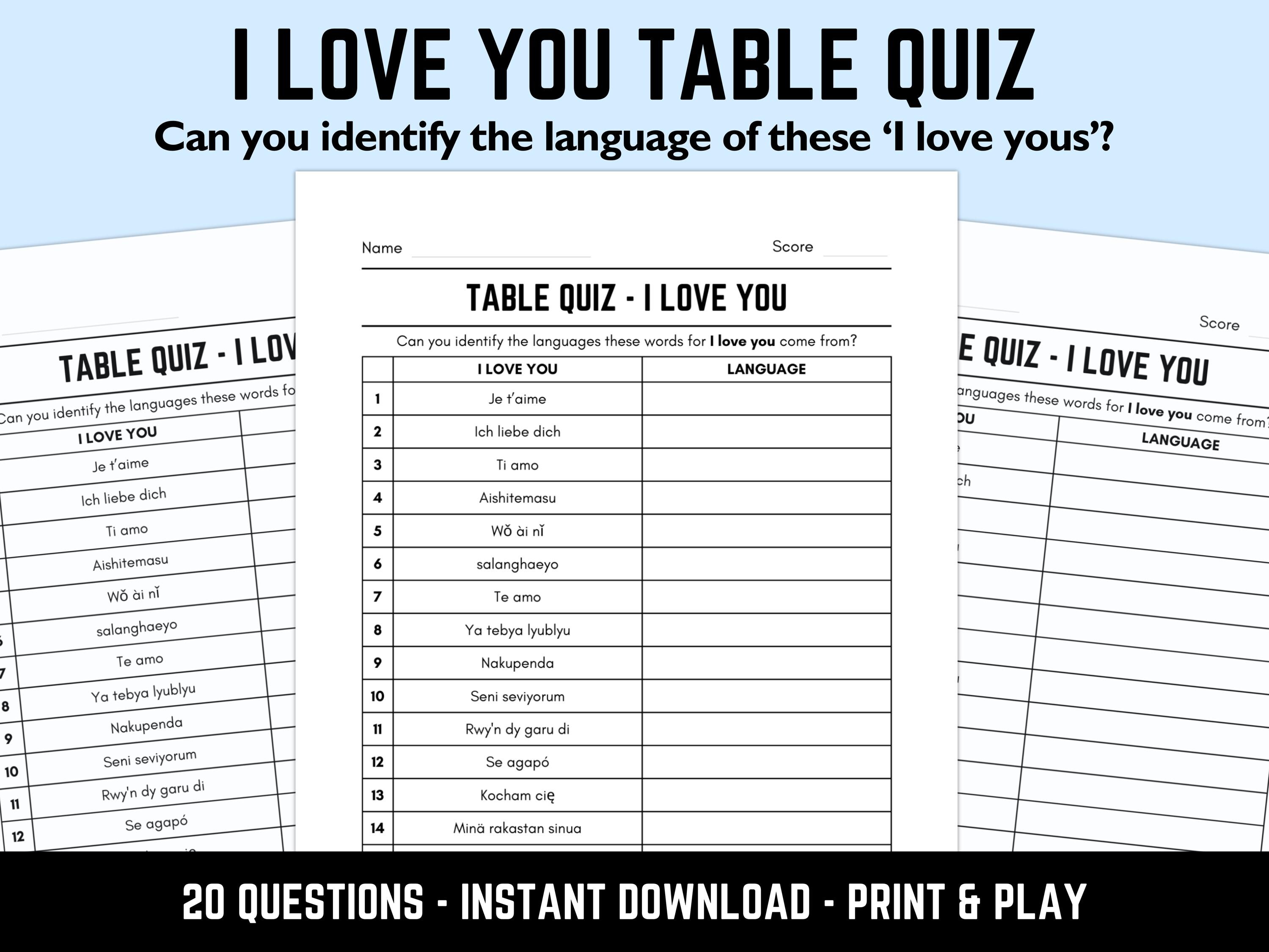 Printable I Love You Table Quiz With Answers: Downloadable Pub Quiz ...