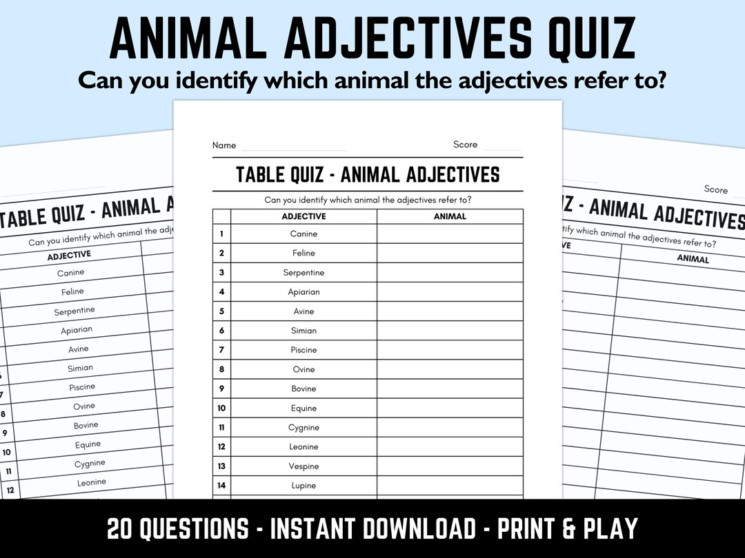 Printable Animal Adjectives Table Quiz With Answers | Downloadable Pub ...
