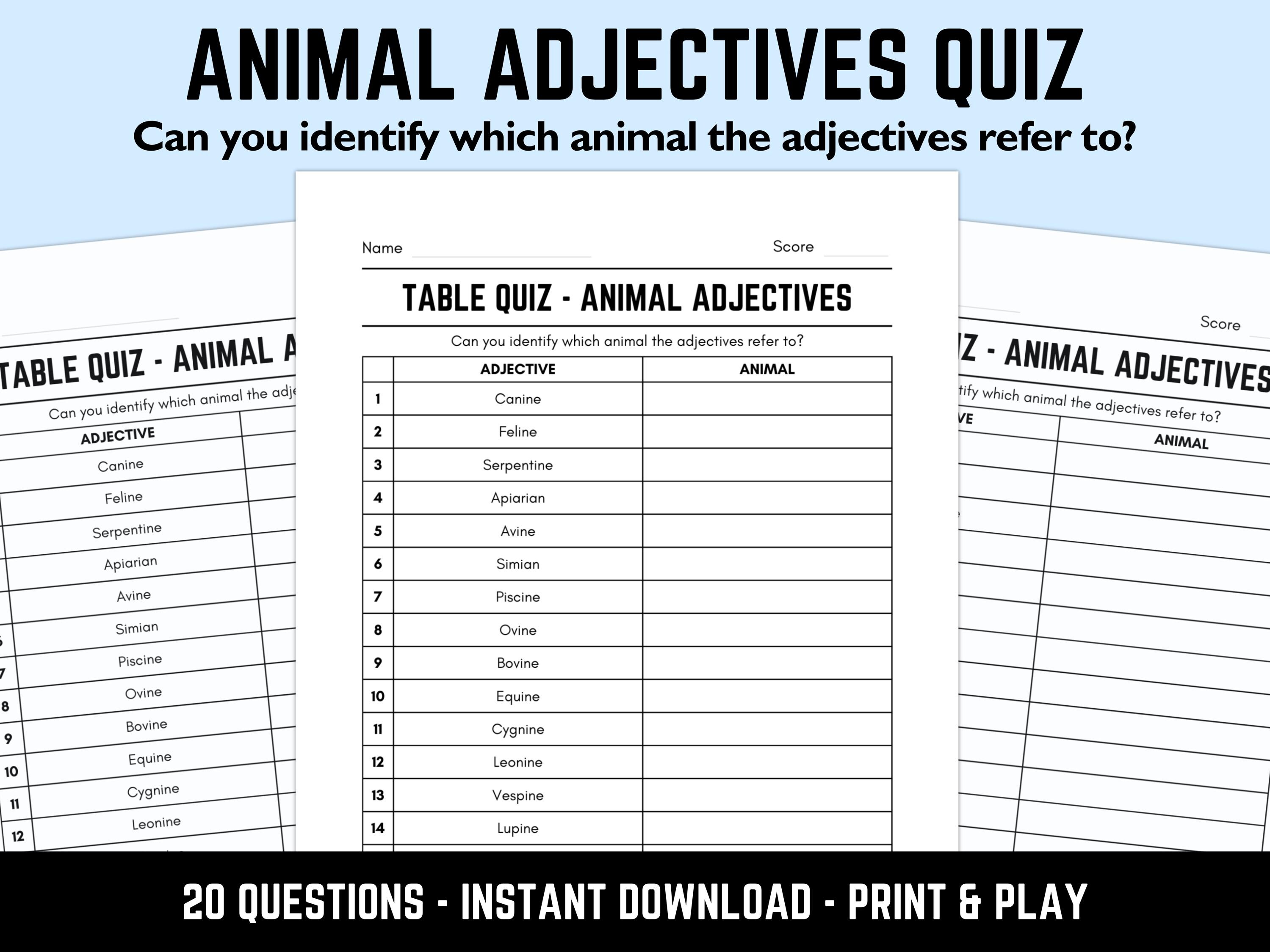 Printable Animal Adjectives Table Quiz With Answers | Downloadable Pub ...