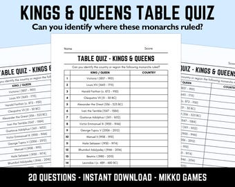 Printable Kings and Queens Table Quiz With Answers: Downloadable Pub ...