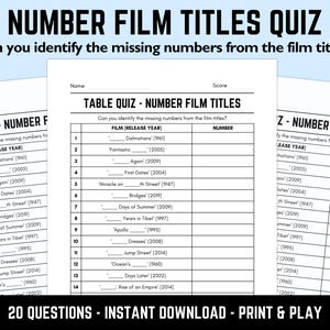 Printable Number Film Titles Table Quiz With Answers | Downloadable Pub ...